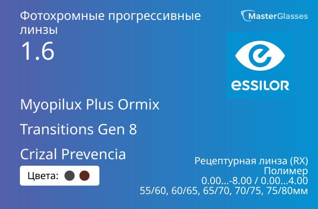 Essilor Myopilux Plus Ormix 1.6 Transitions Gen 8 Crizal Prevencia, Sph ...